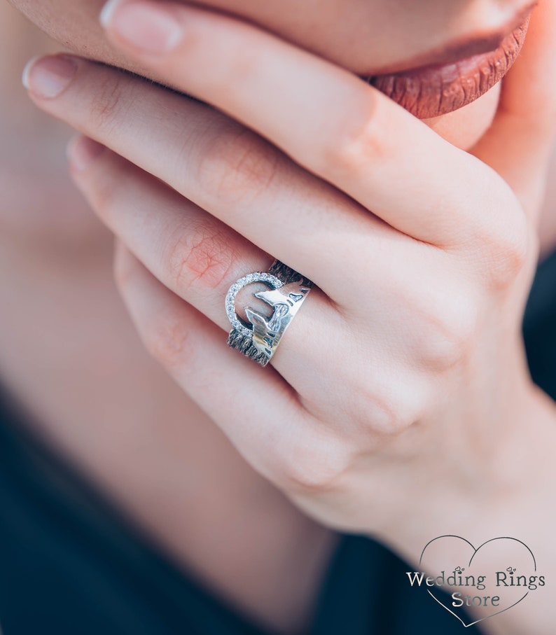 Two Wolves Sterling Silver Band With Cubic Zirconia Unique - Etsy