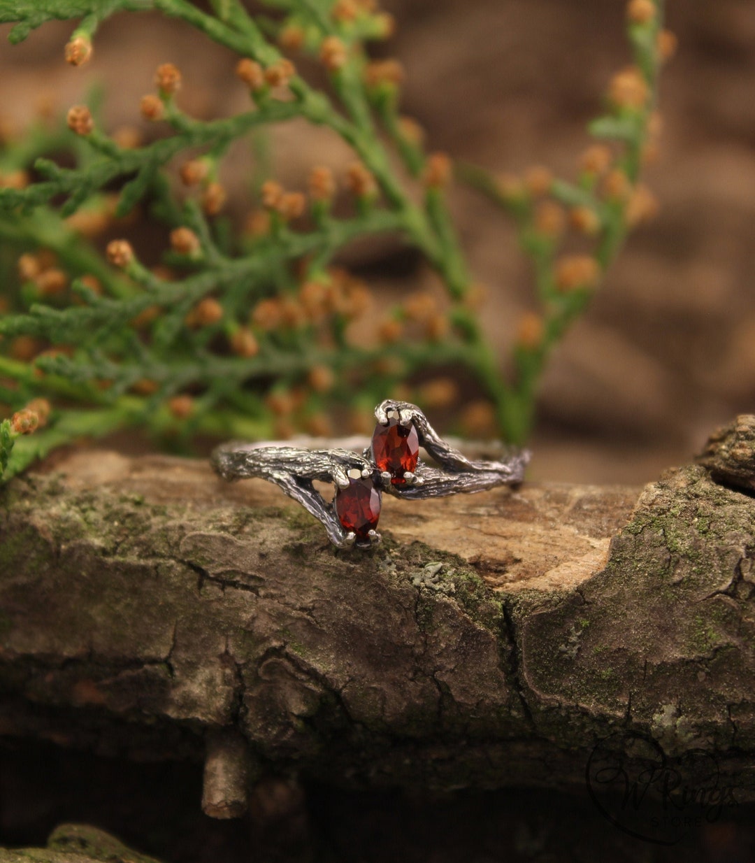 Two Garnets & Tiny Silver Branch Ring, Dainty Tree Twig and Two Stone ...
