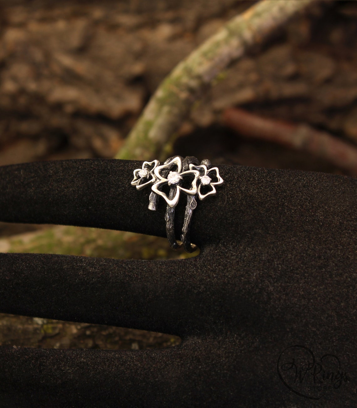 Trefoil on a branch silver ring with cubic zirconia Triple | Etsy