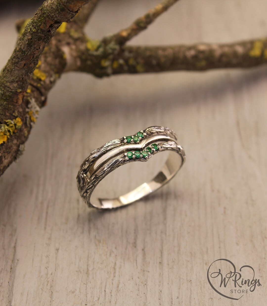 Silver Chevron Ring With Emerald, Tree Bark V-ring, Branch Wedding Band ...