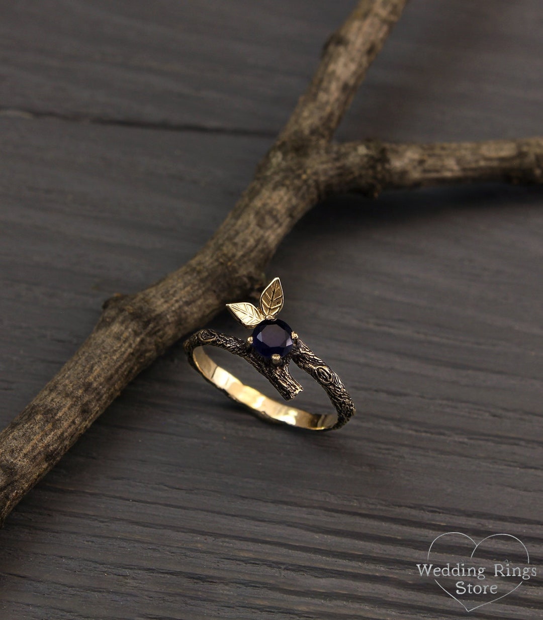Gold Wrap Twig Natural Blue Sapphire Ring & Two Dainty Leaves Nature ...