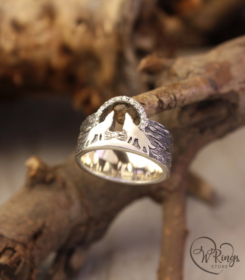 Two Wolves Sterling Silver Band With Cubic Zirconia Unique - Etsy