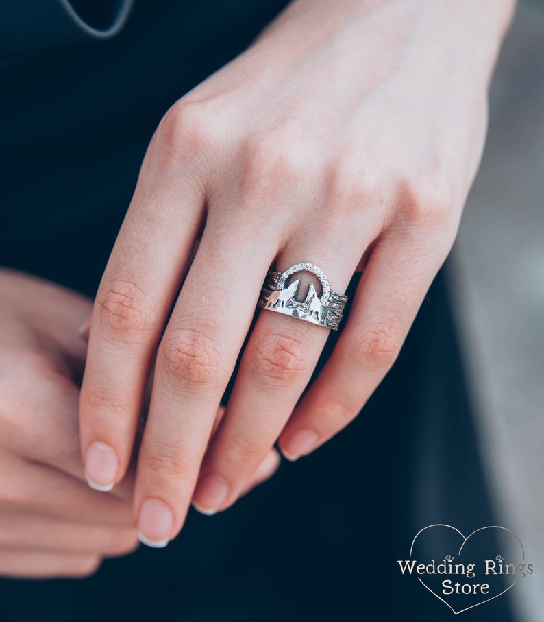 Two Wolves Sterling Silver Band With Cubic Zirconia Unique - Etsy