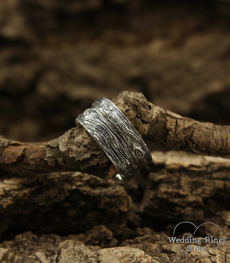Wood Bark Wedding Bands Tree Bark Silver Rings Matching His | Etsy