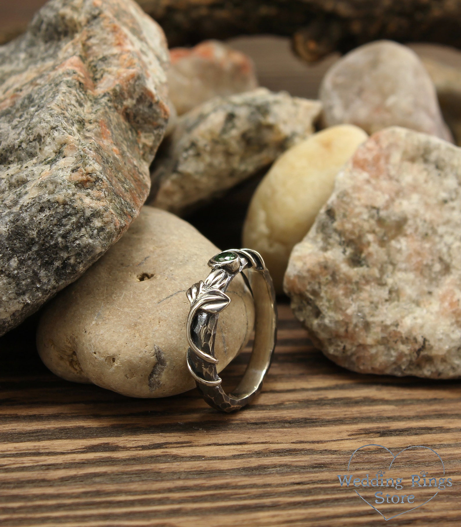 Leaf and Vine Hammered Engagement Ring With Emerald Natural - Etsy