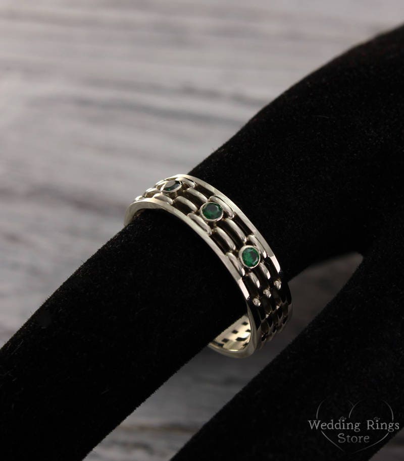 Mens White Gold Emerald Wedding Band Emerald Wedding Etsy