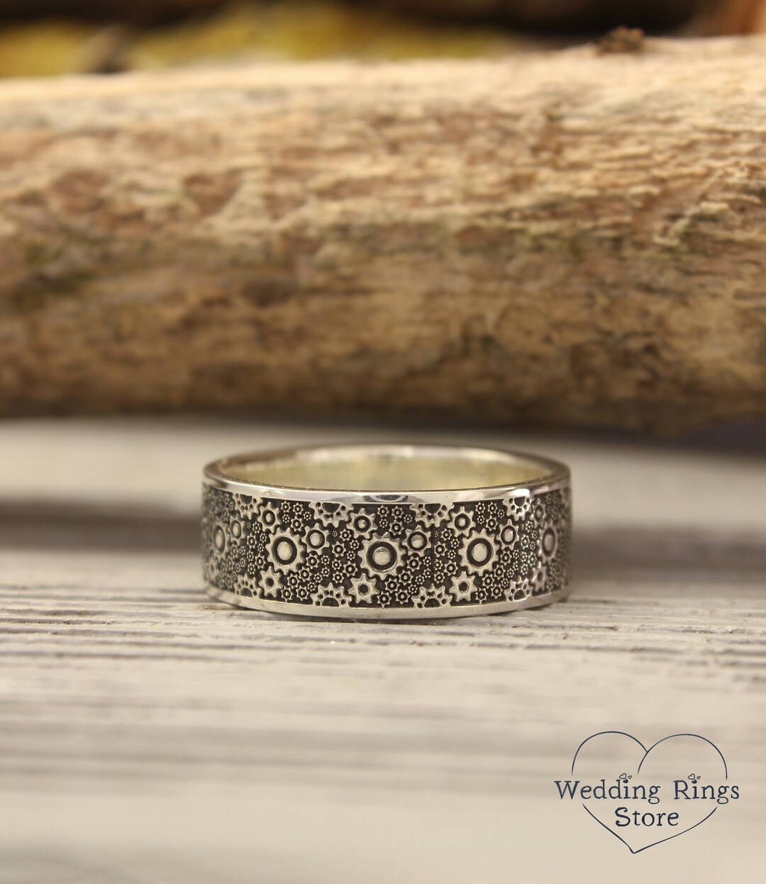 Wide Silver Gear Wedding Band — Mens Steampunk Ring With Cogs — Modern ...