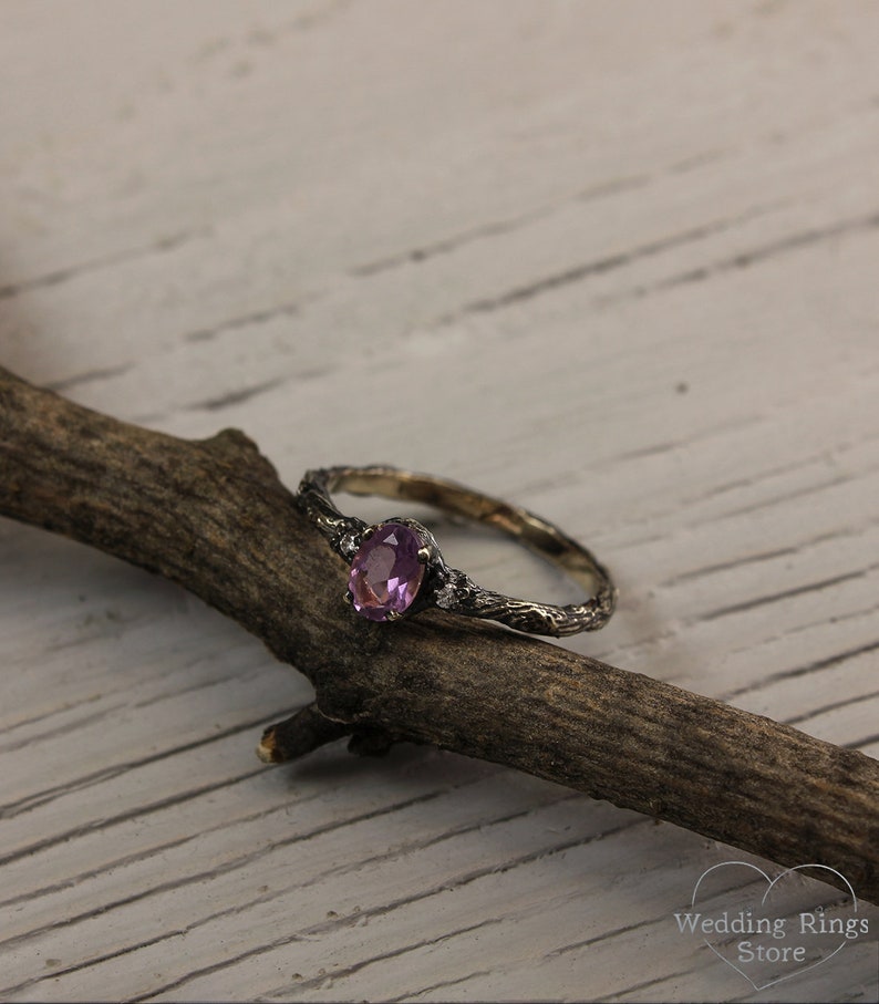 Small branch white gold engagement ring Amethyst and Diamonds | Etsy