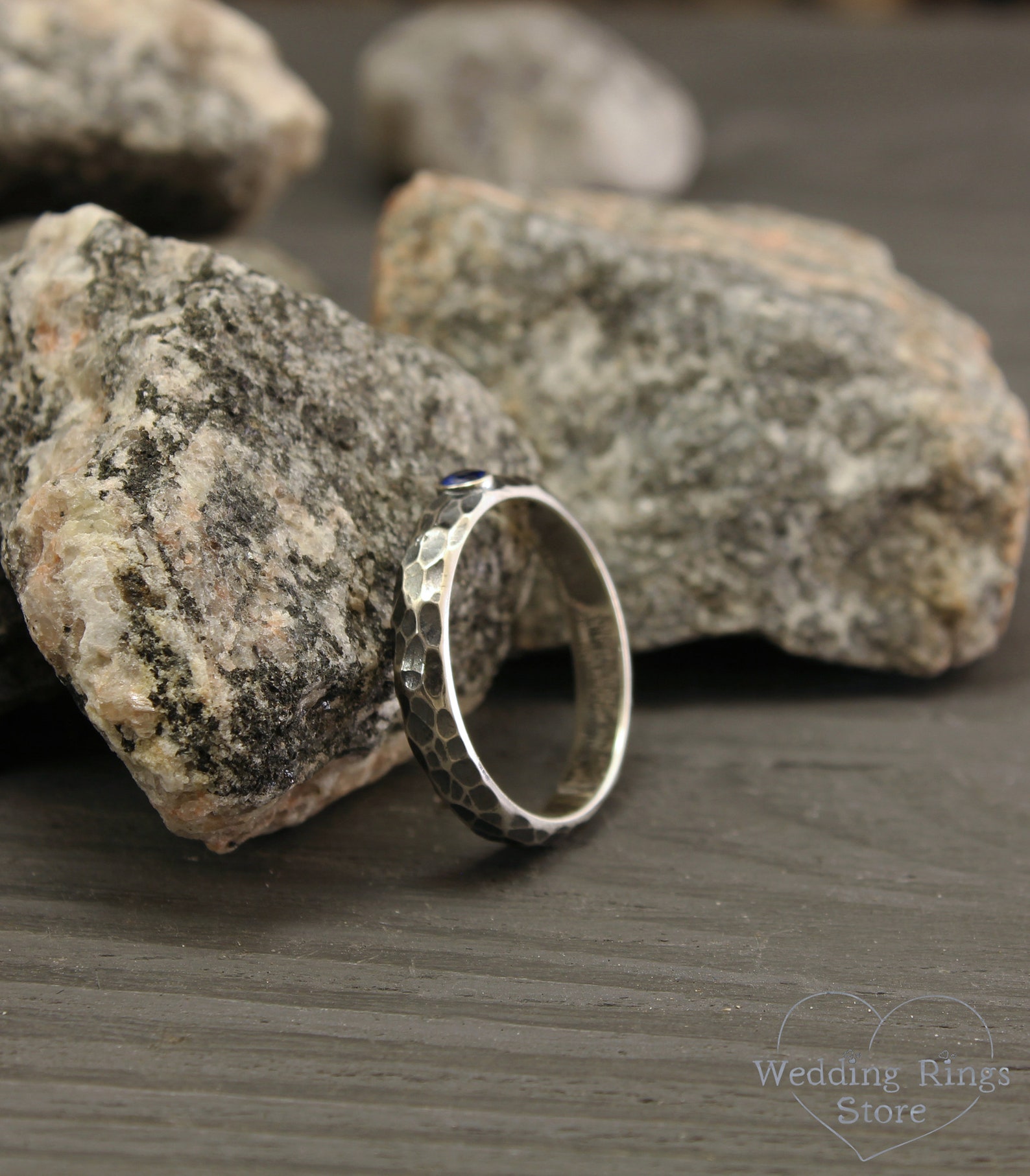 Durable Hammered Engagement Ring With Sapphire in Oxidized | Etsy