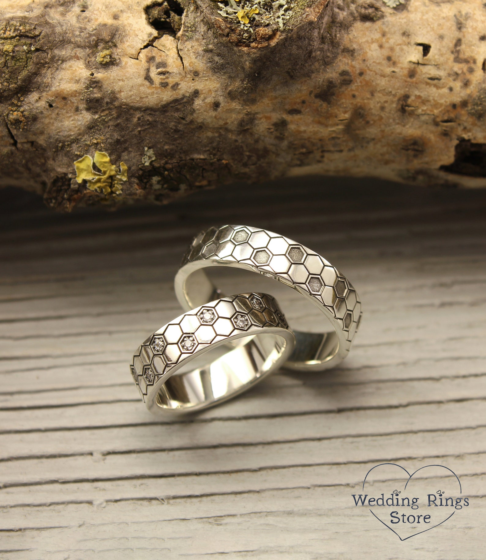 Honeycomb Silver Wedding Band Set Hexagons as Beehive Pattern - Etsy
