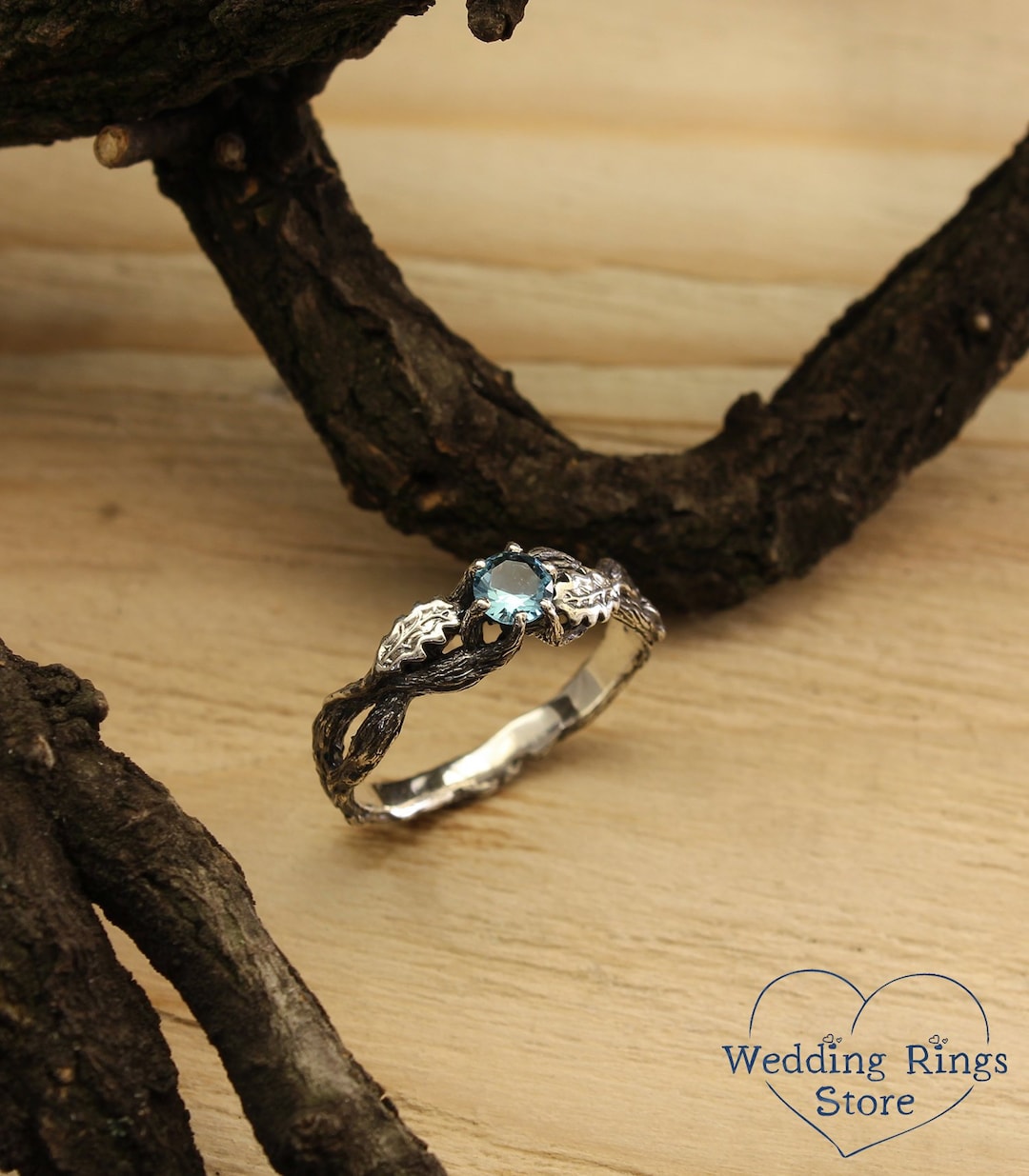 Braided Branch and Oak Leaves Topaz Engagement Ring, Silver Tree Bark ...