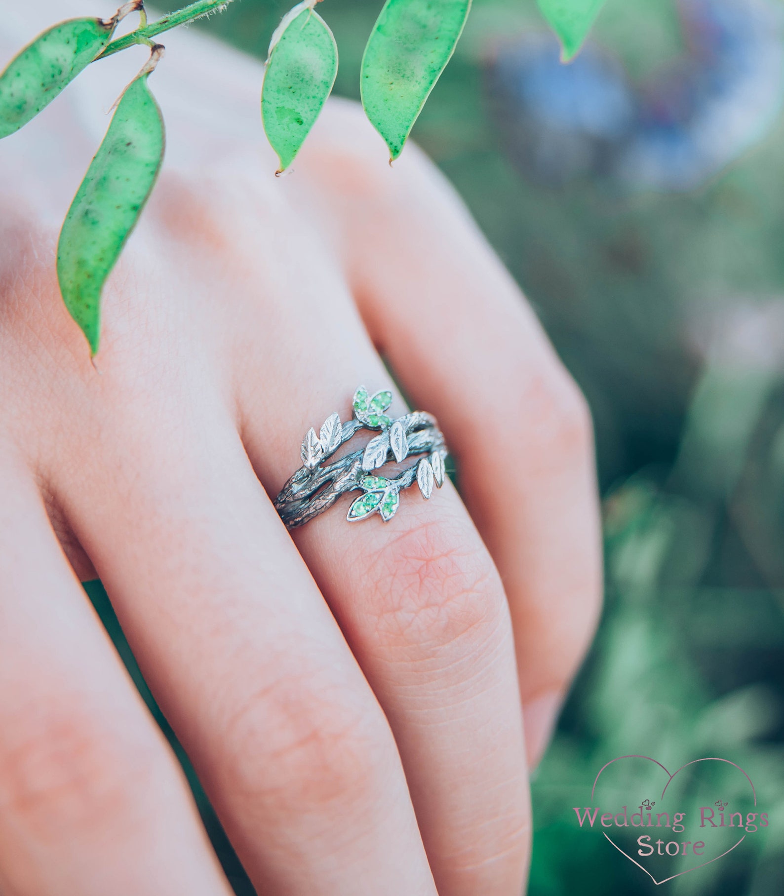 Leaves on the Branch Ring With Emeralds Braided Branches Ring - Etsy