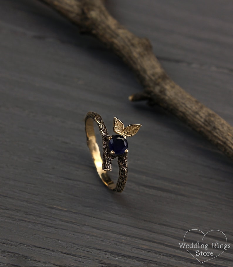 Gold Wrap Twig Natural Blue Sapphire Ring & Two Dainty Leaves Nature ...
