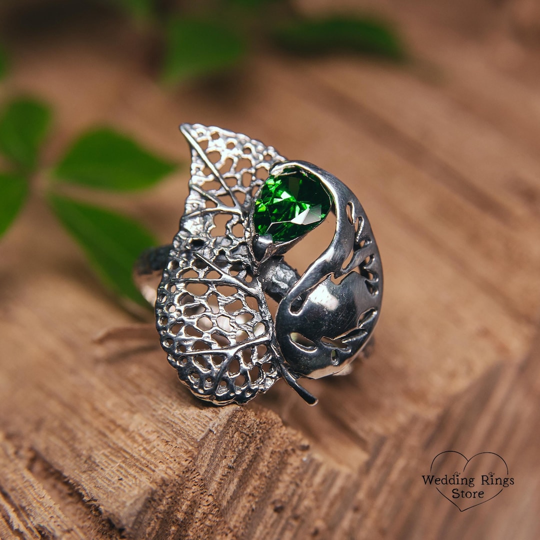 Statement Heart Shaped Leaf Ring Nature Inspired Pear Green Stone ...