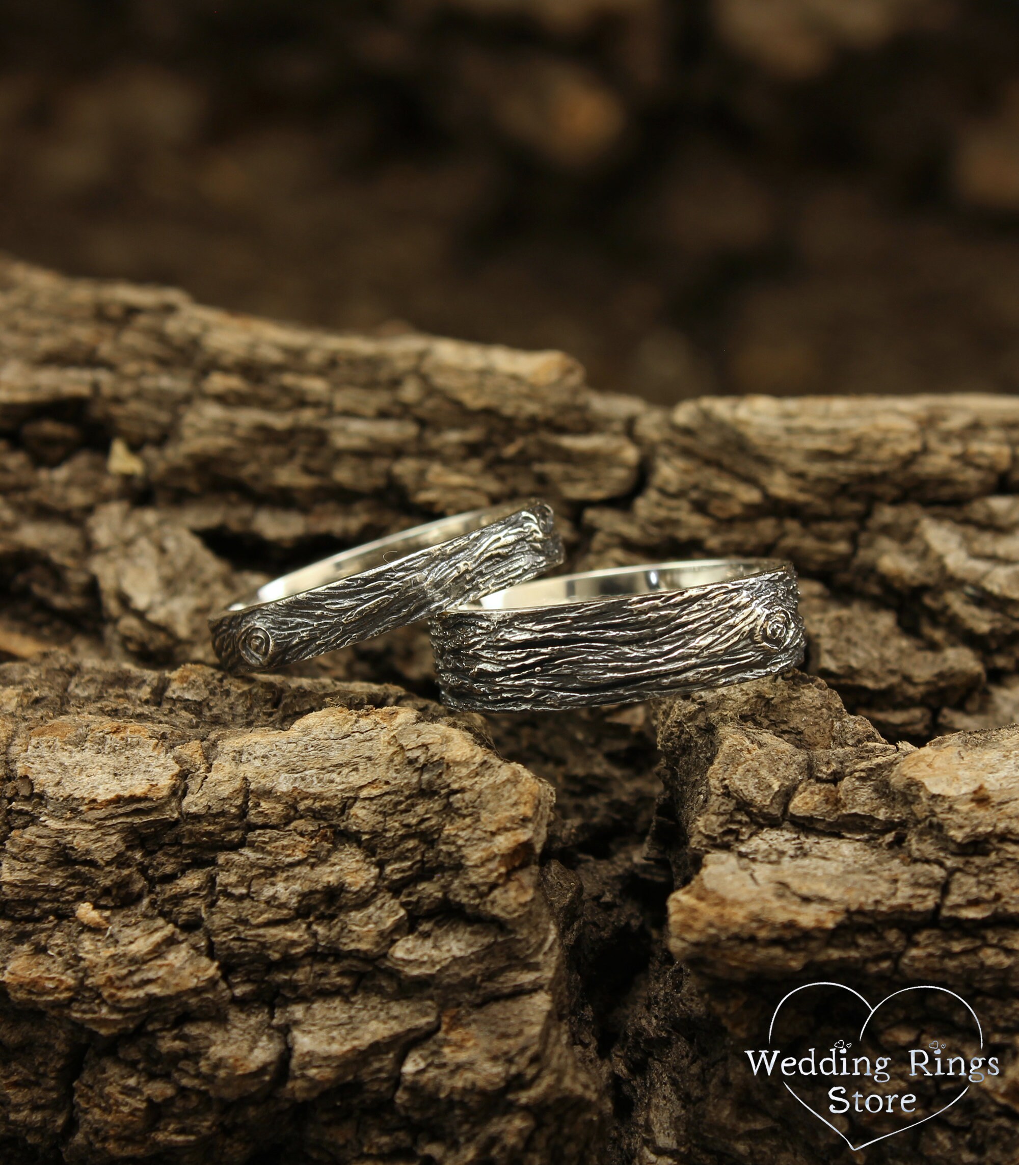 Wood Bark Wedding Bands, Tree Bark Silver Rings, Matching His Her ...