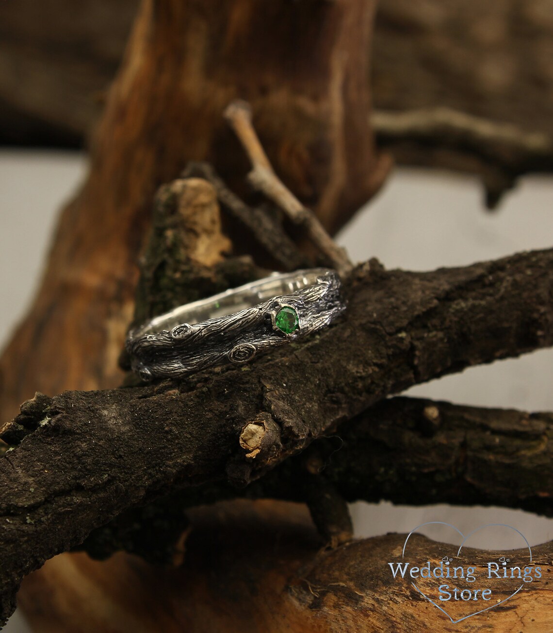 Unique tree bark wedding band with emerald Branch and knots | Etsy