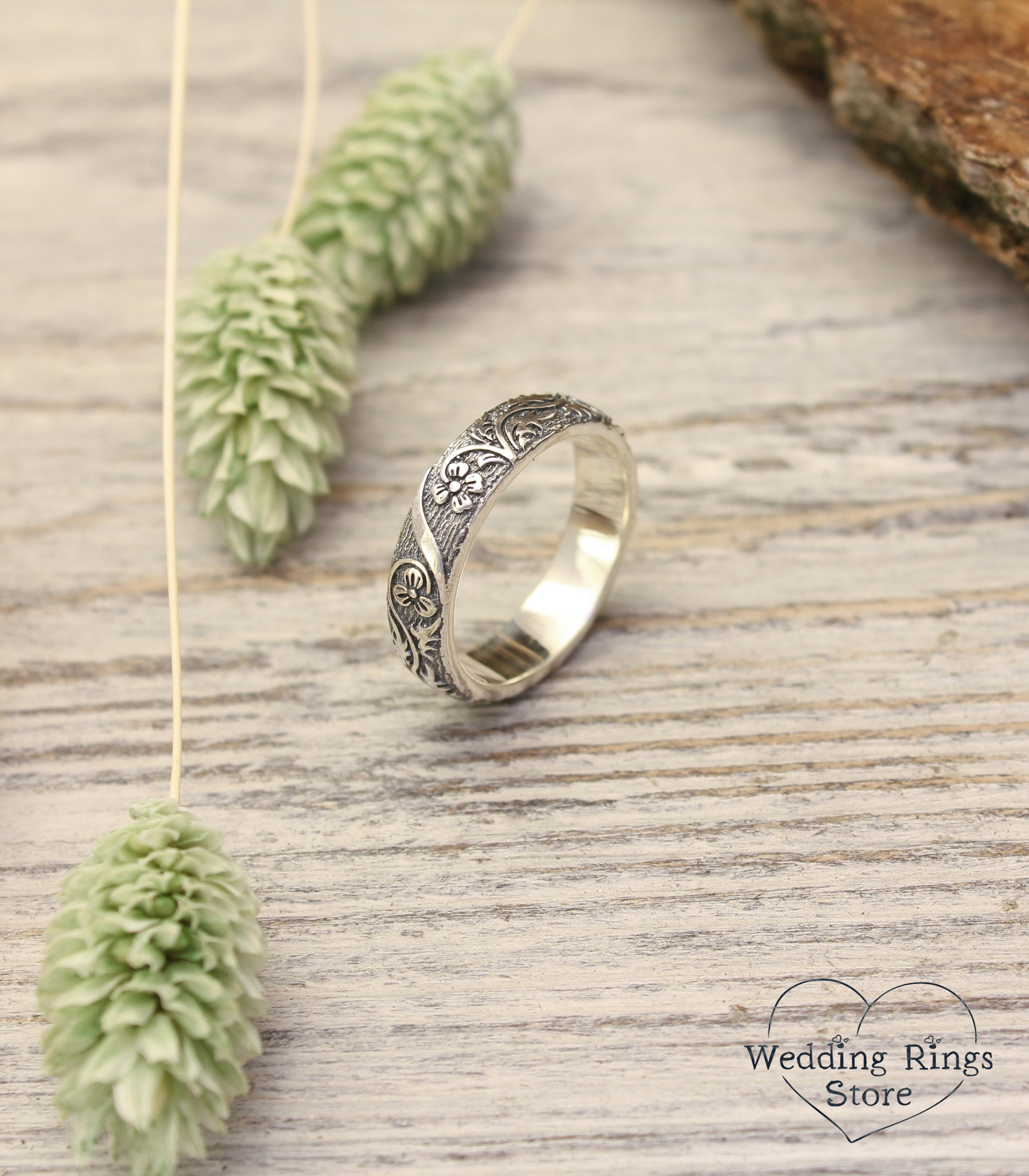 Plant Silver Ring With Flowers and Leaves, Nature Inspired Wedding Ring ...