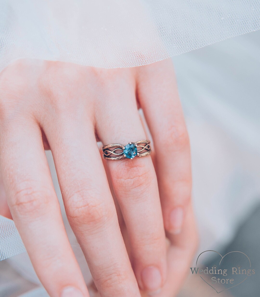 Blue Topaz Tree Branch 14k Yellow Gold Ring Infinity Twist Forest Twig ...