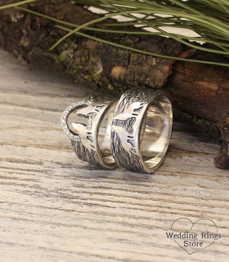 Matching Wolf Wedding Rings for Him and Her, Sterling Silver Animal ...