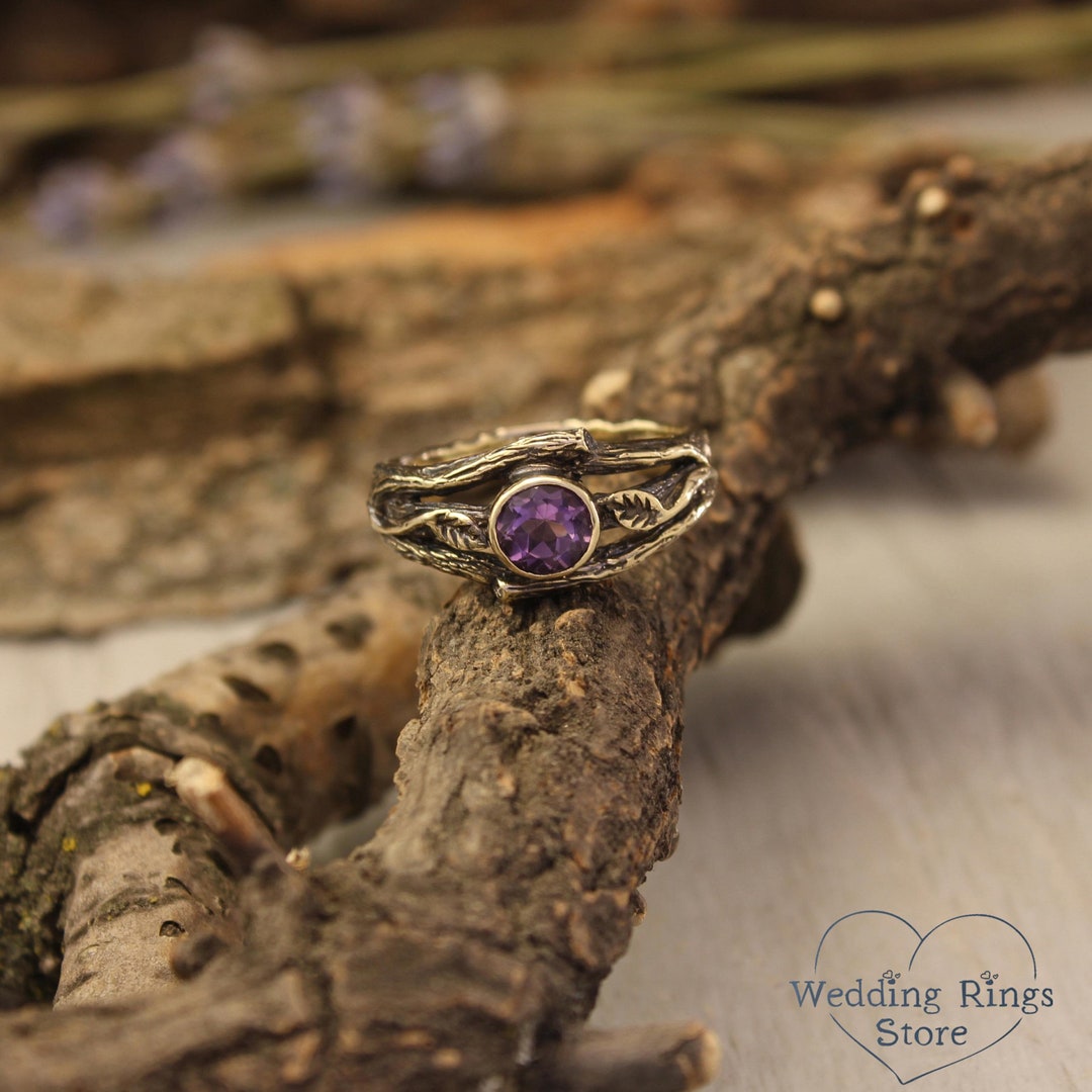 Bezel Amethyst in 14k Gold Split Branch and Leaves Nature Engagement ...