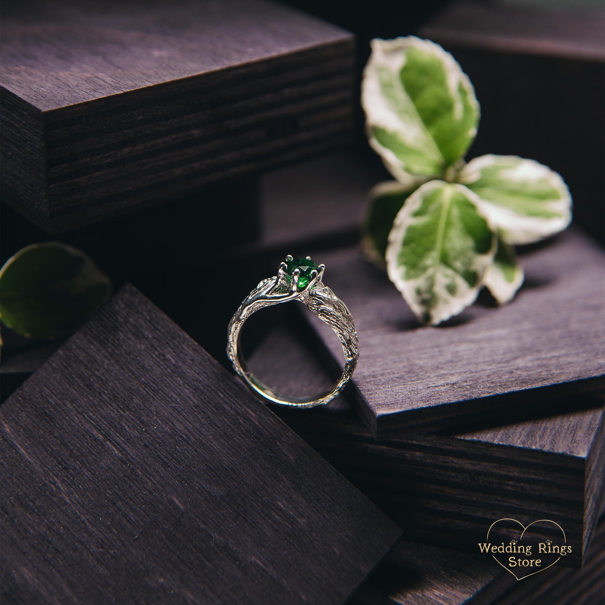 Autumn Leaves Silver Ring With Emerald - Unique Two Leaf Ring for ...