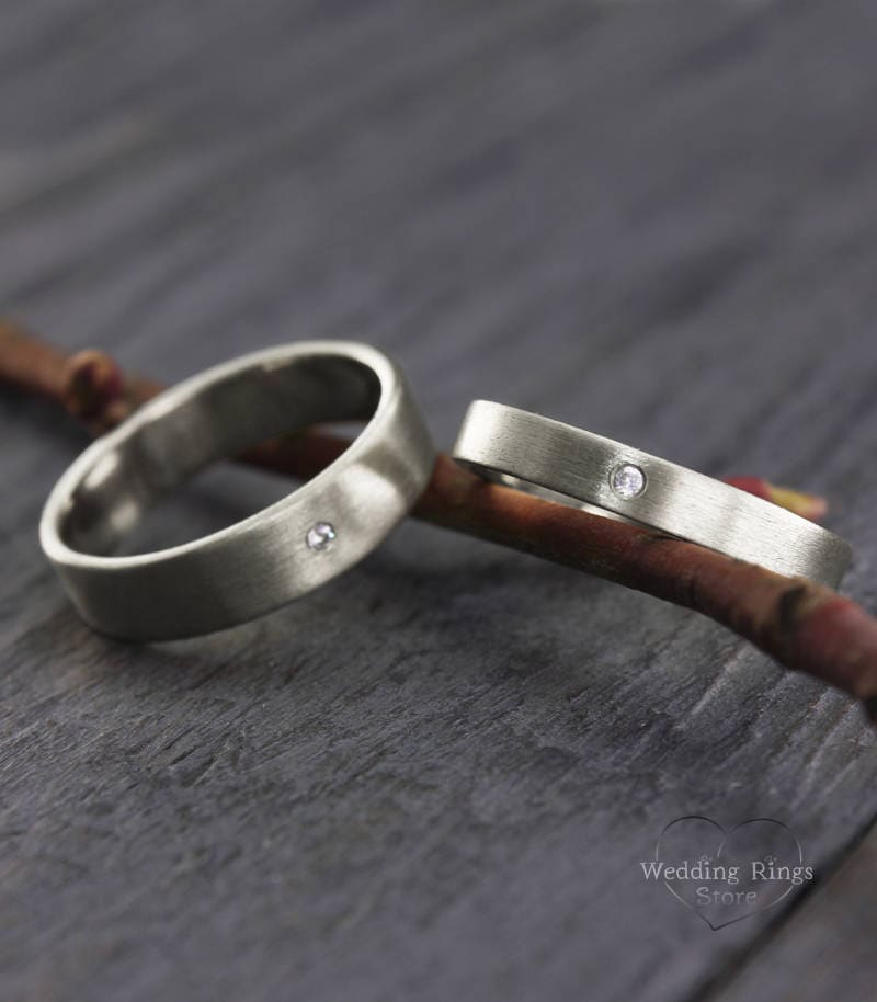 Diamond Silver Wedding Band Set Simple Wedding Rings His and - Etsy