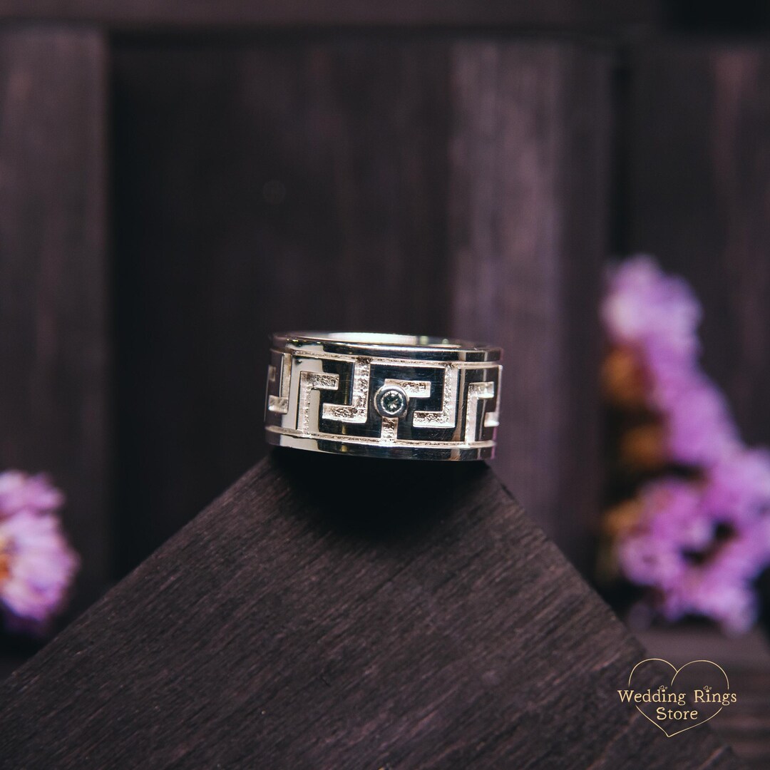 Mens Silver Greek Key Ring Swiss Blue Topaz Sterling Ring Greek Decor ...