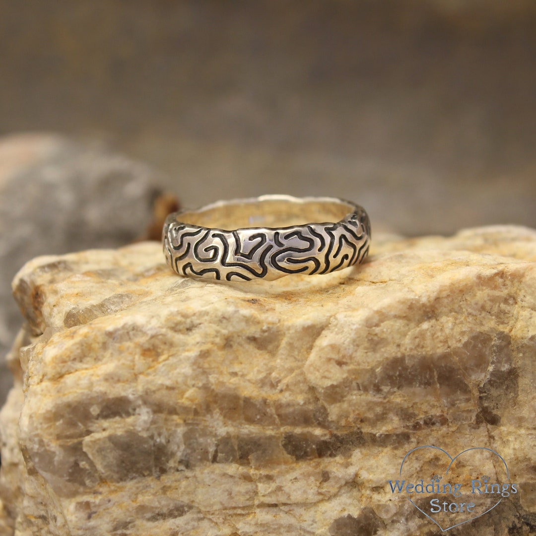 Labyrinth Mens Wedding Band Unique - Patterned Sterling Silver Ring ...