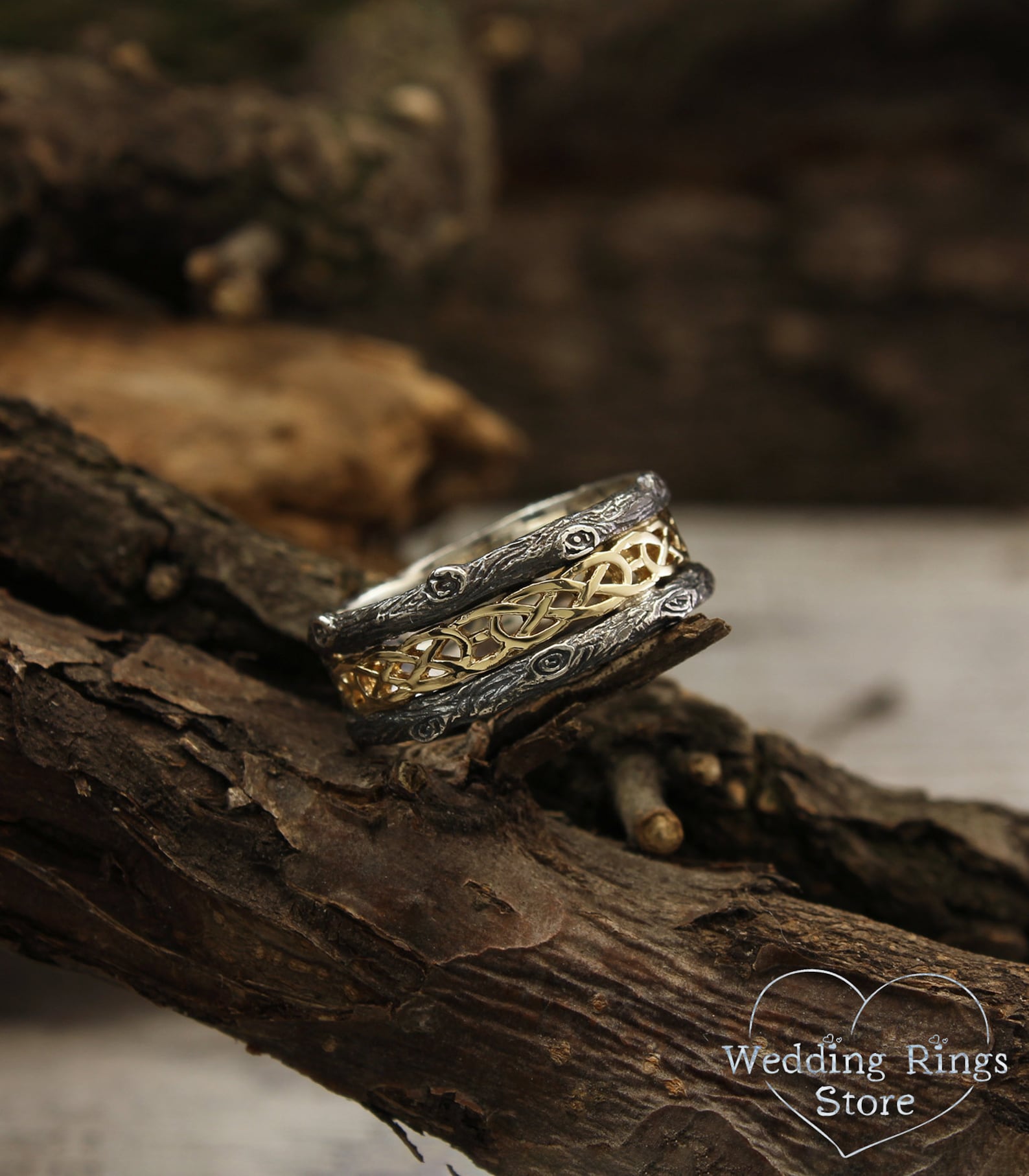 Tree Mixed Metals Wedding Band With Celtic Pattern Celtic - Etsy
