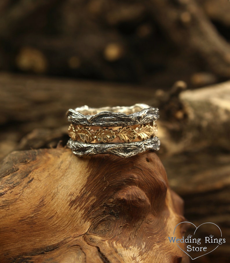 Oak leaves and branch wedding band Unique tree bark band 14k | Etsy
