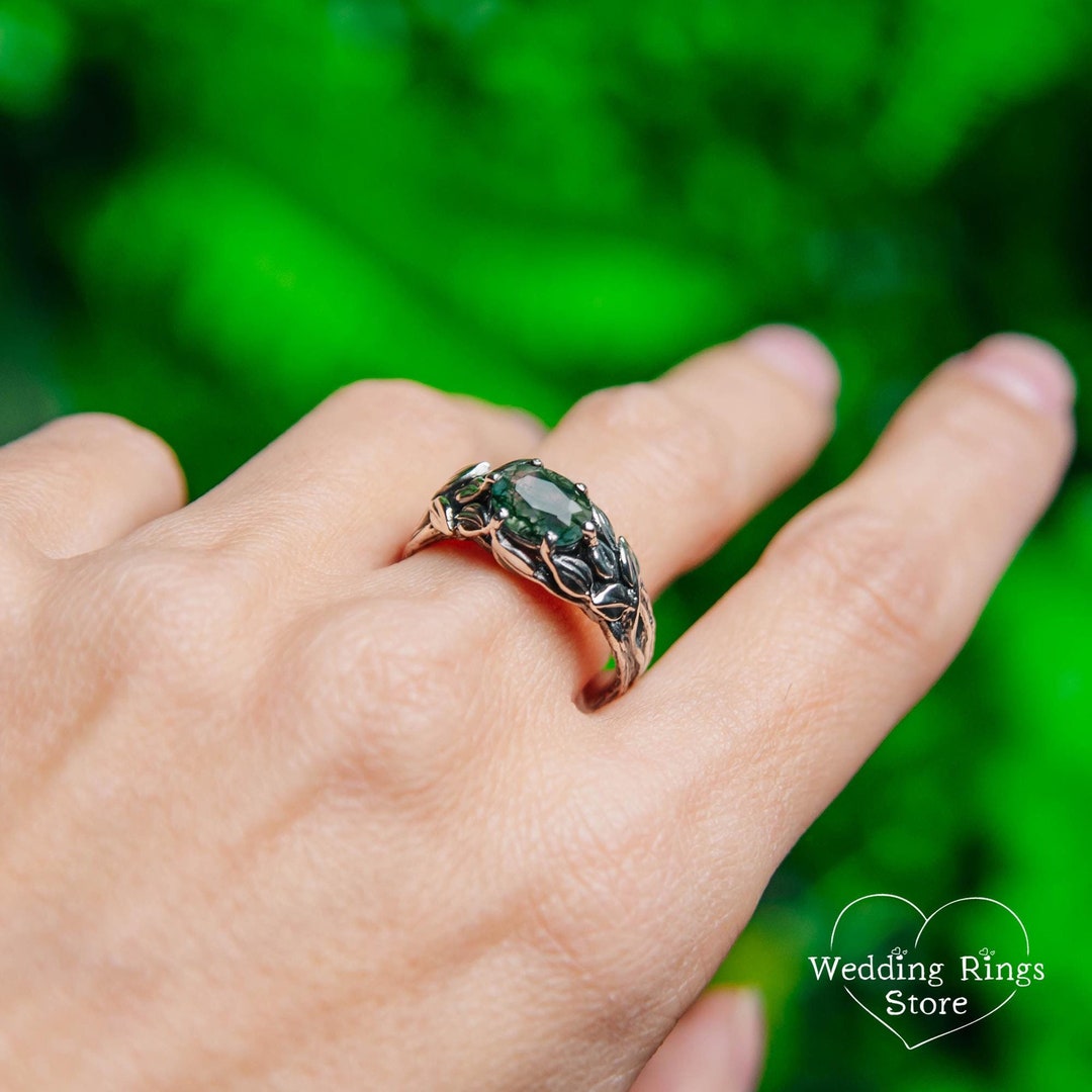 Oval Moss Agate and Leaves Floral Tree Engagement Ring Silver Branch ...
