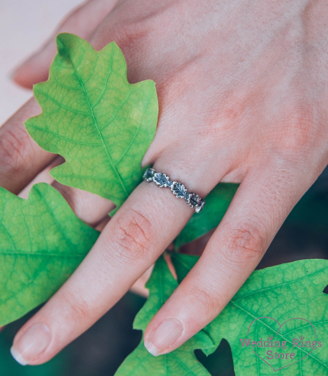 Oak Leaves Wedding Band, Leaves and Tree Bark Ring, Nature Wedding Ring ...