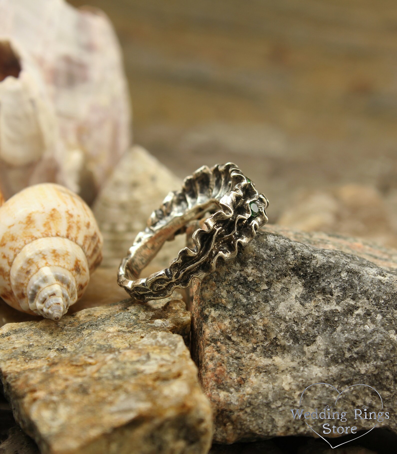 Algae Ring, Sea Ring With Emeralds, Ocean Ring, Sterling Silver Ring ...