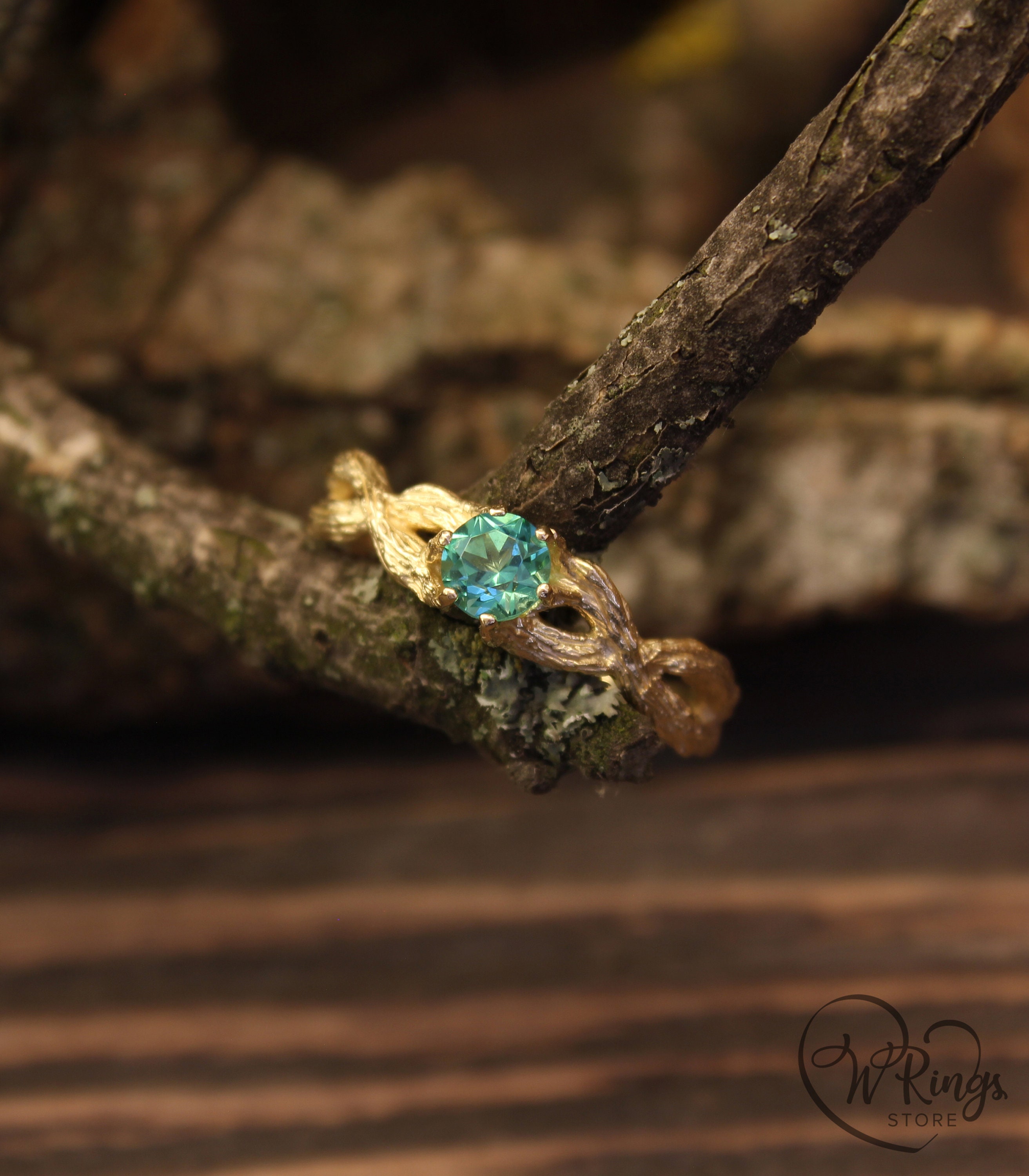 14k yellow gold braided twig ring with green quartz Double | Etsy