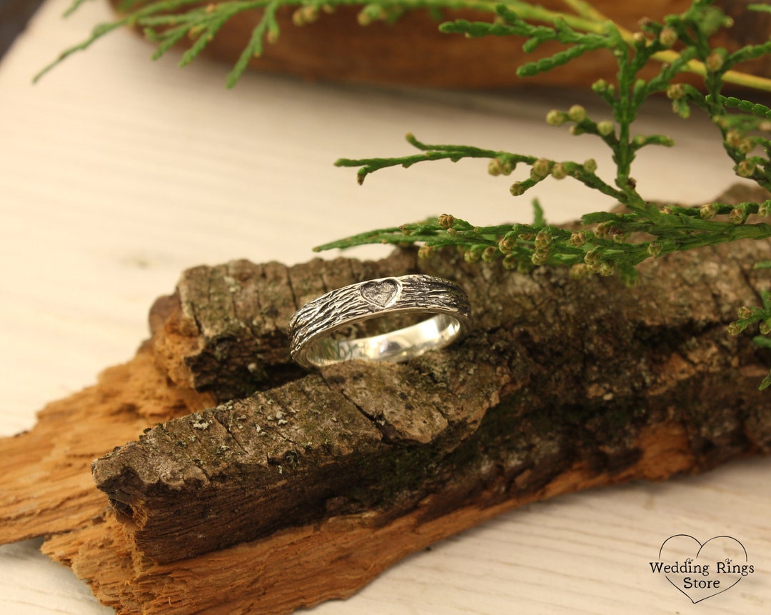 Silver Heart Ring in Forest Tree Bark — Branch Nature Wedding Band for ...