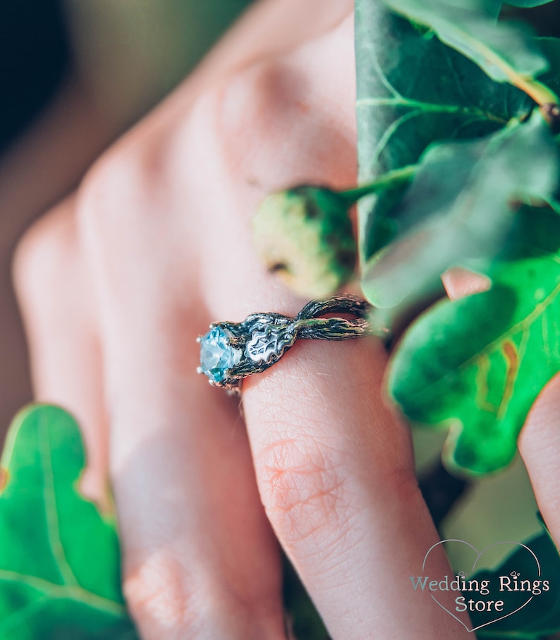Braided Branch and Oak Leaves Topaz Engagement Ring Silver | Etsy