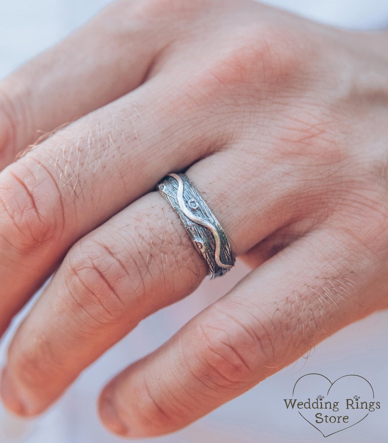 Unusual Wave and Tree Bark Silver Band, Wavy Line on a Tree Band for ...
