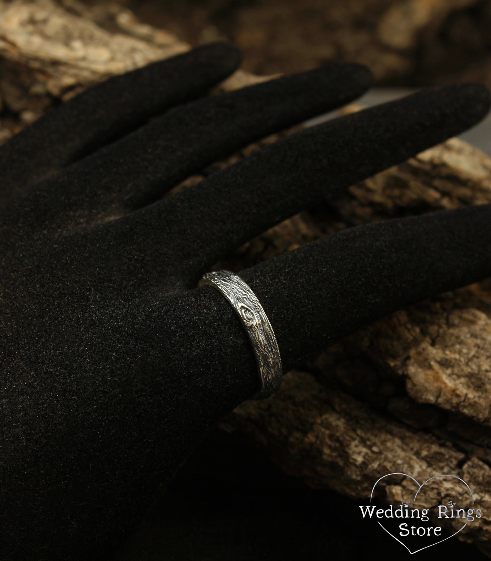 Wood Bark Wedding Bands Tree Bark Silver Rings Matching His | Etsy