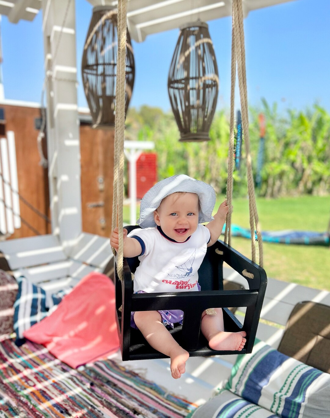 Black Wooden Children's Swing for Outdoor Use and Gardens. Toddler Swing, Wooden Swing, Garden ...