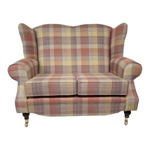 Wingback Queen Anne Sofa: Katrine Spice Tartan, Burnt Orange Cushions ...