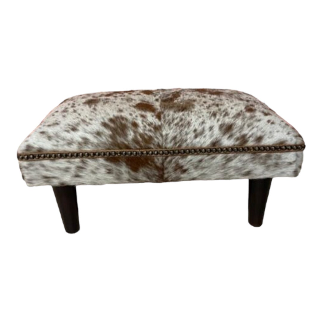 Cow Hide Footstool: Brown & Cream Leather Trim, Solid Wood Legs - Etsy UK