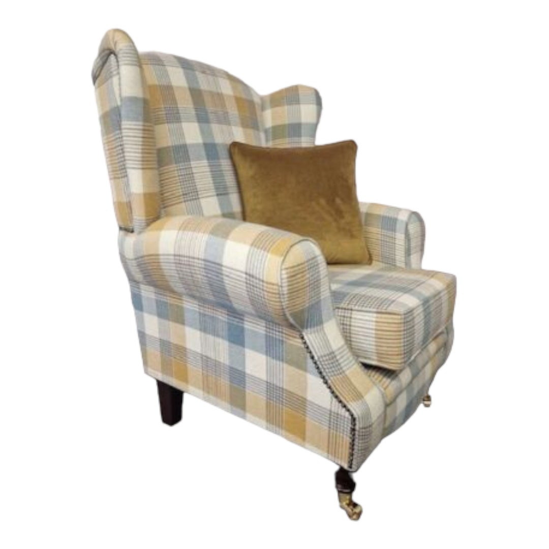 Queen Anne Wing Back Cottage Chair Cornflower Blue / Ochre Tartan ...