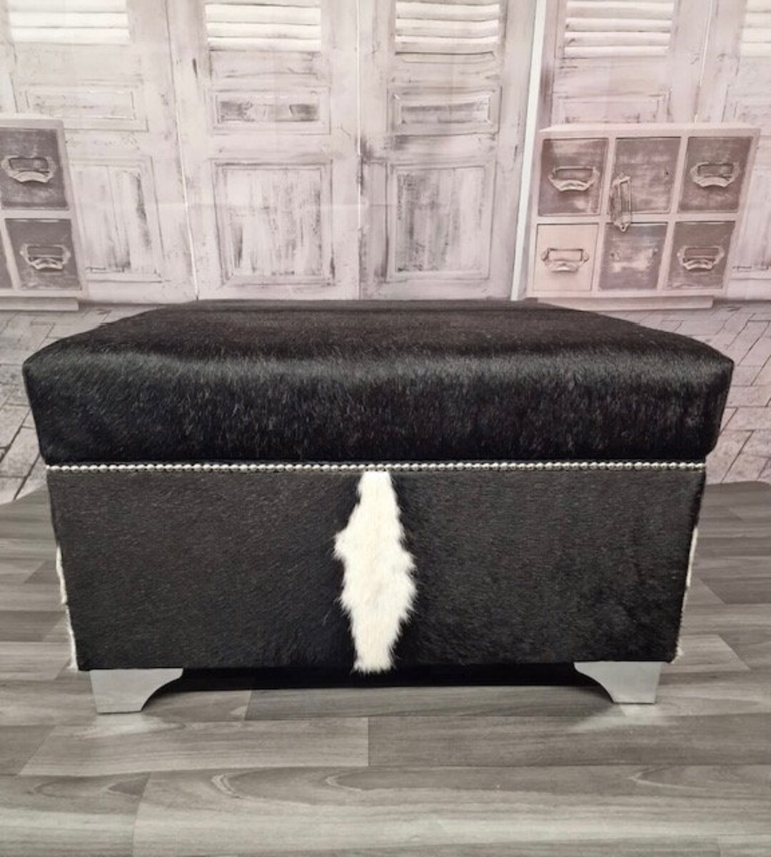 Black & White Cow Hide Footstool Storage Box: Handmade Chrome Stud ...