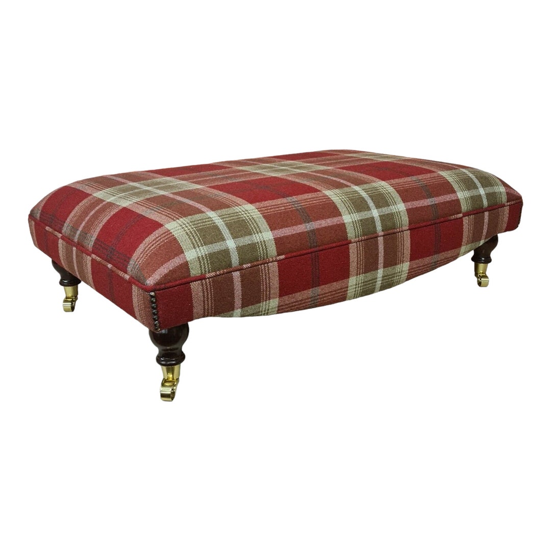 Extra Large Footstool - Balmoral Red Tartan Fabric - Dark Wood Brass ...