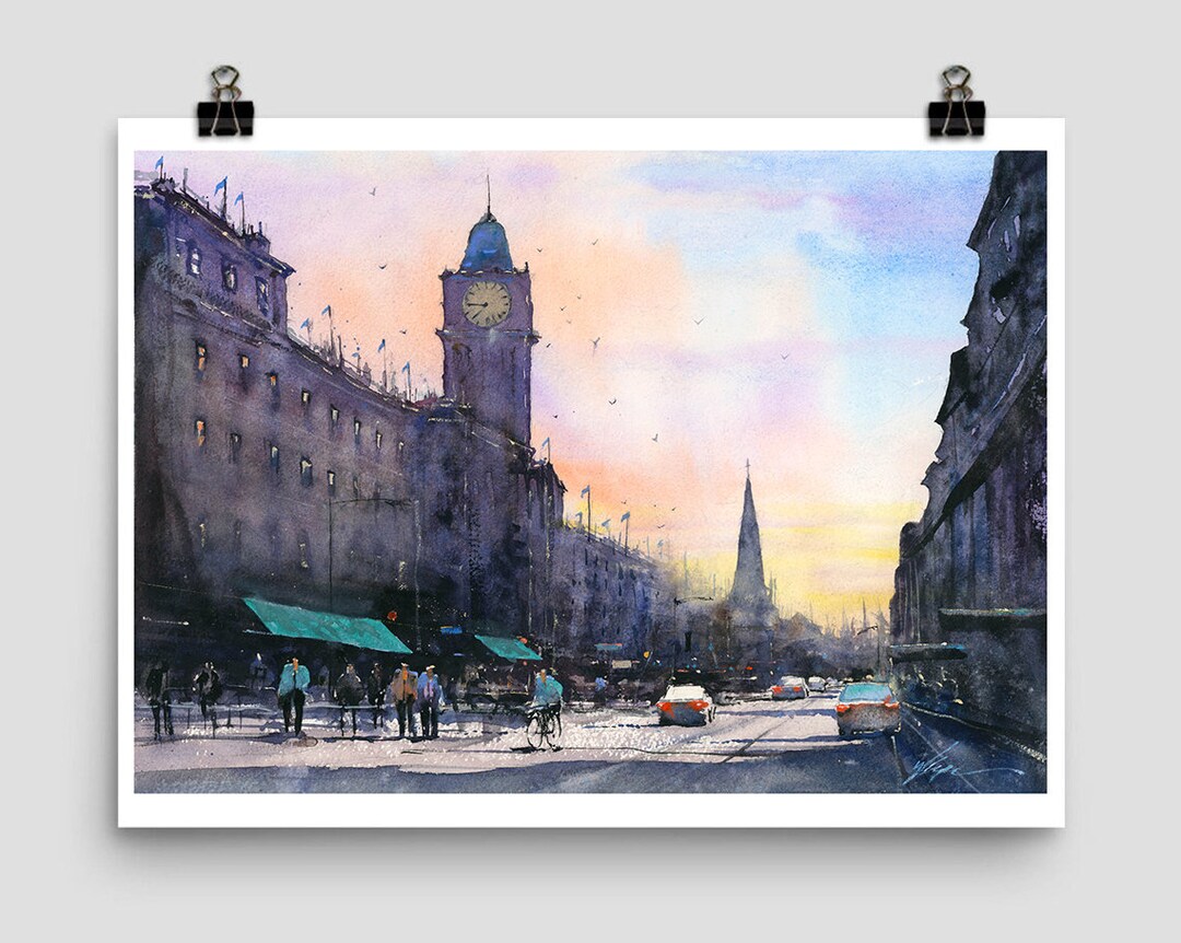 Edinburgh Sunset Original Signed Watercolor Street Scene Painting Will ...