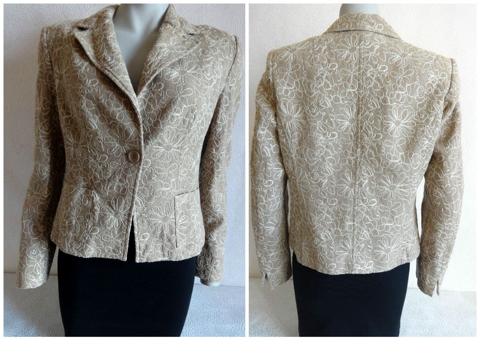 Claudia Sträter Linen Blazer Embroidered Flowers Light Brown & White ...