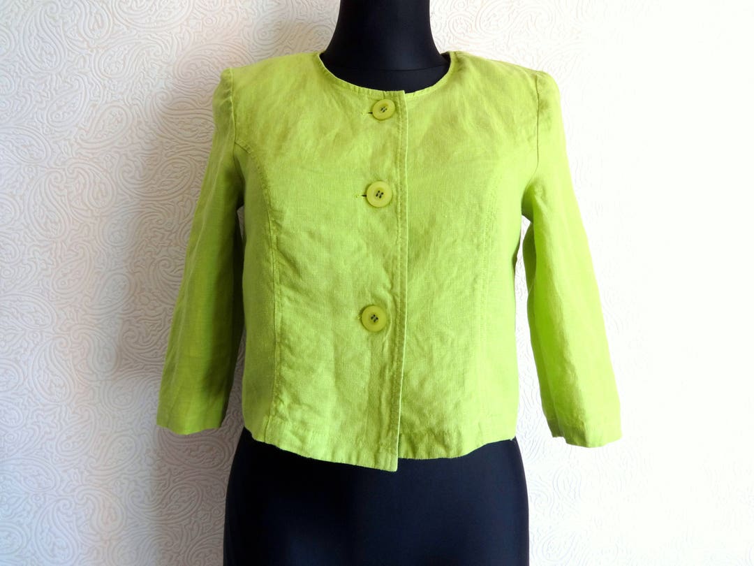Green Linen Jacket Short Blazer 3/4 Sleeves Button Down Padded Jacket ...