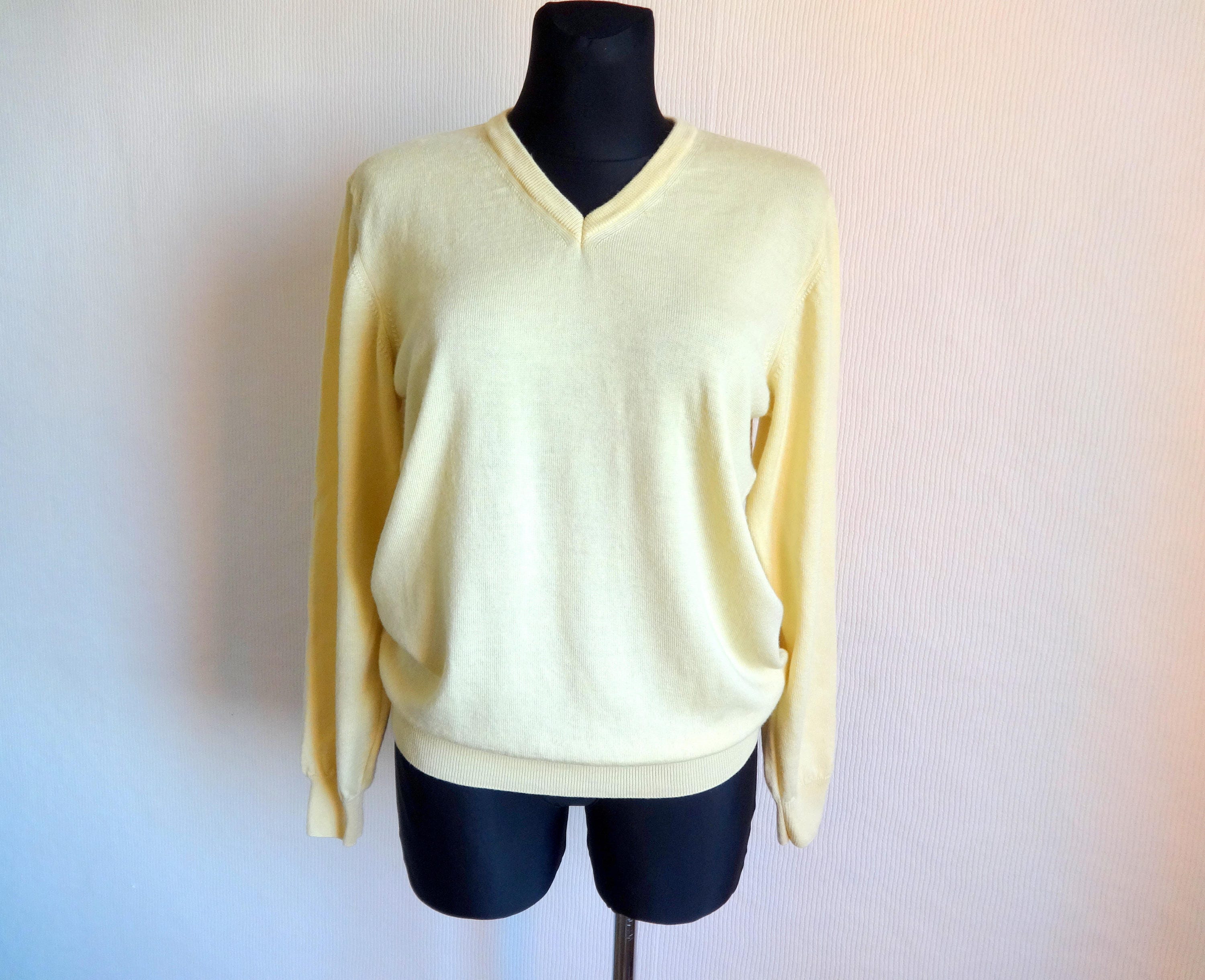 Buy Vintage Pale Yellow Soft Wool Jumper V Neck Long Sleeve Unisex ...