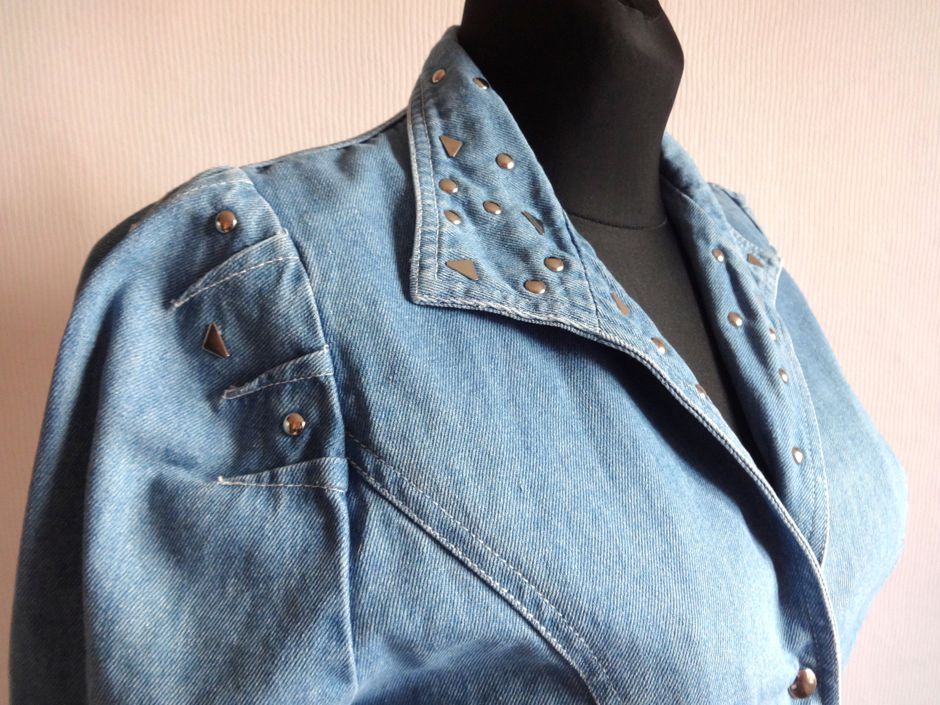 Vintage Studded Denim Jacket Fitted Waist Push Buttons Closure Denim ...