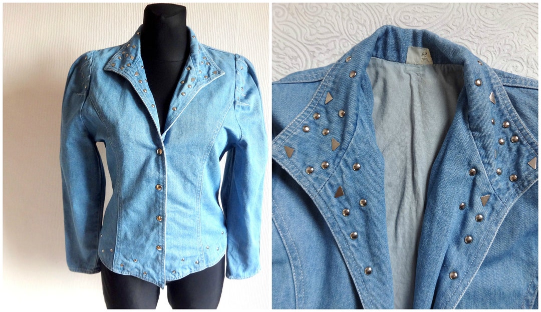 Vintage Studded Denim Jacket Fitted Waist Push Buttons Closure Denim ...